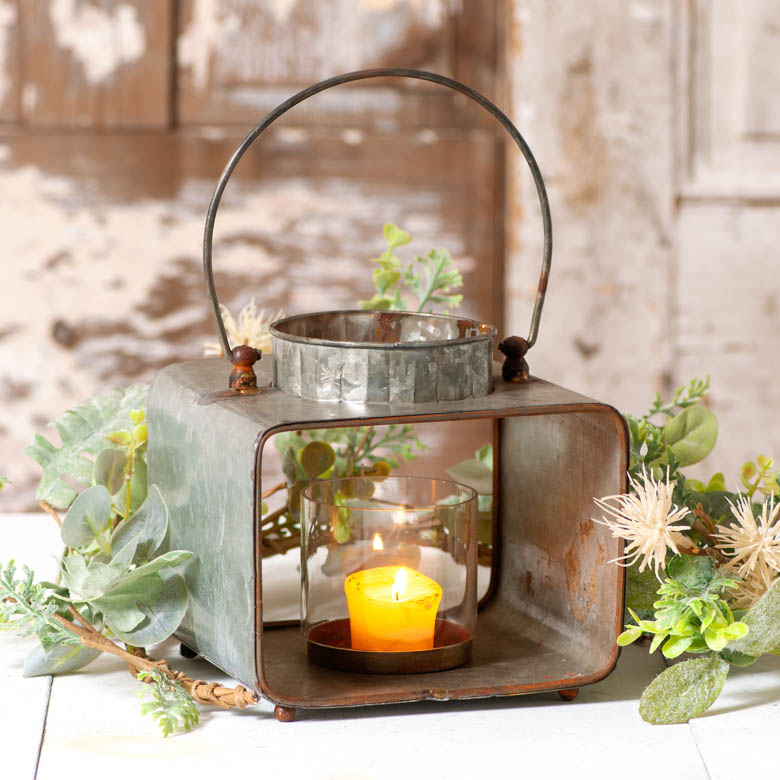 Rustic Square Lantern with Glass Cylinder | Irvins Tinware